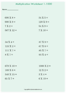 Free Printable Multiplication Table Chart 1-1000 PDF