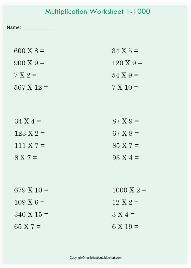 Free Printable Multiplication Table Chart 1-1000 PDF
