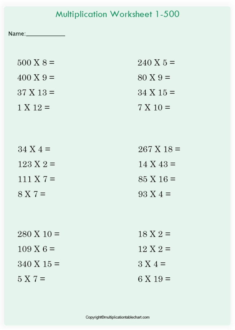 Multiplication Chart Worksheet 1-500 | Multiplication Table
