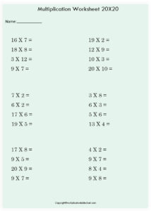 Printable Free Multiplication Chart 20×20 Grid PDF