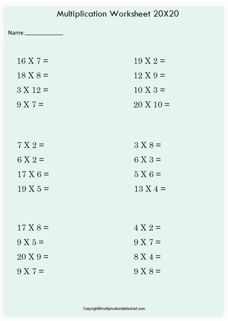 Printable Free Multiplication Chart 20×20 Grid PDF