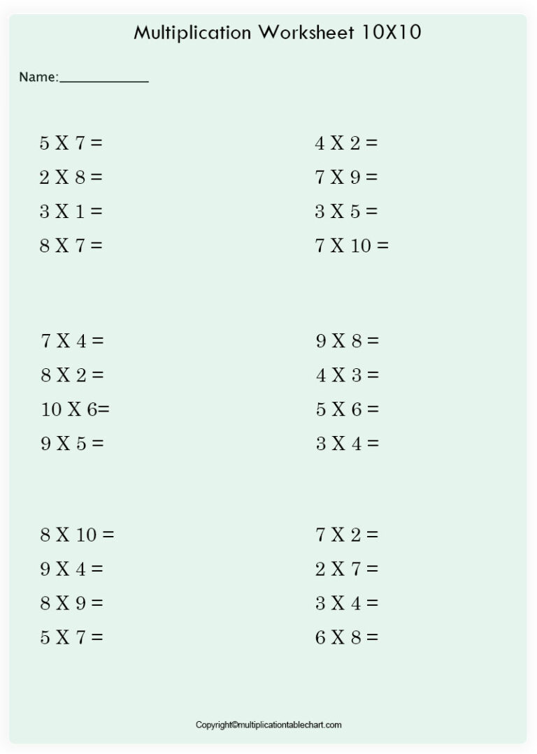 Multiplication Grid 10x10 | Multiplication Table