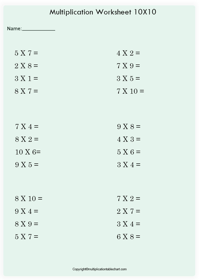 Multiplication Grid 10x10 Multiplication Table