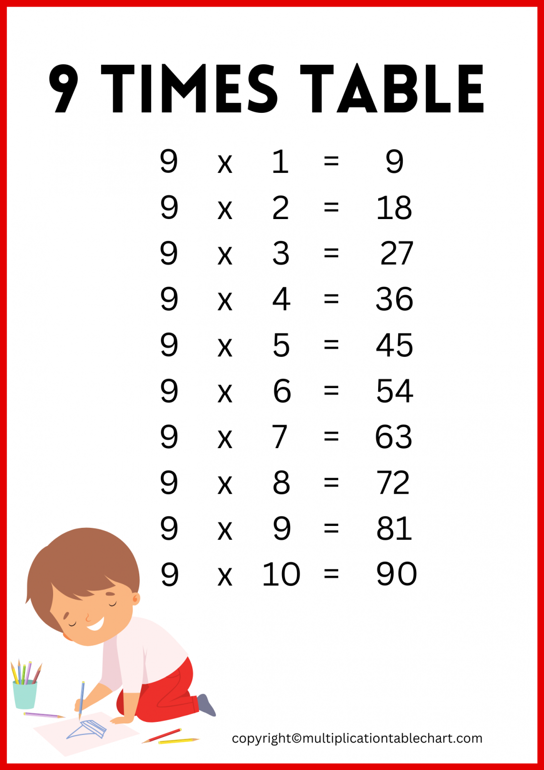 9 Times Table [9 Multiplication Table] Printable Chart