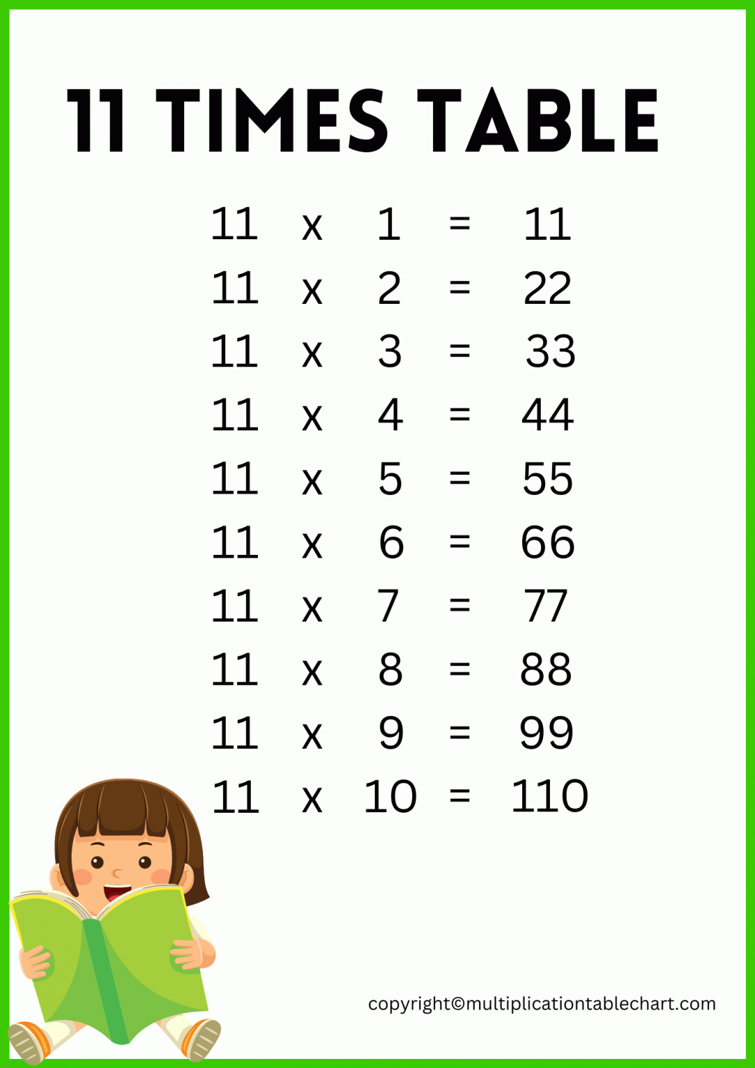 11 Times Table [11 Multiplication Table] Printable Chart