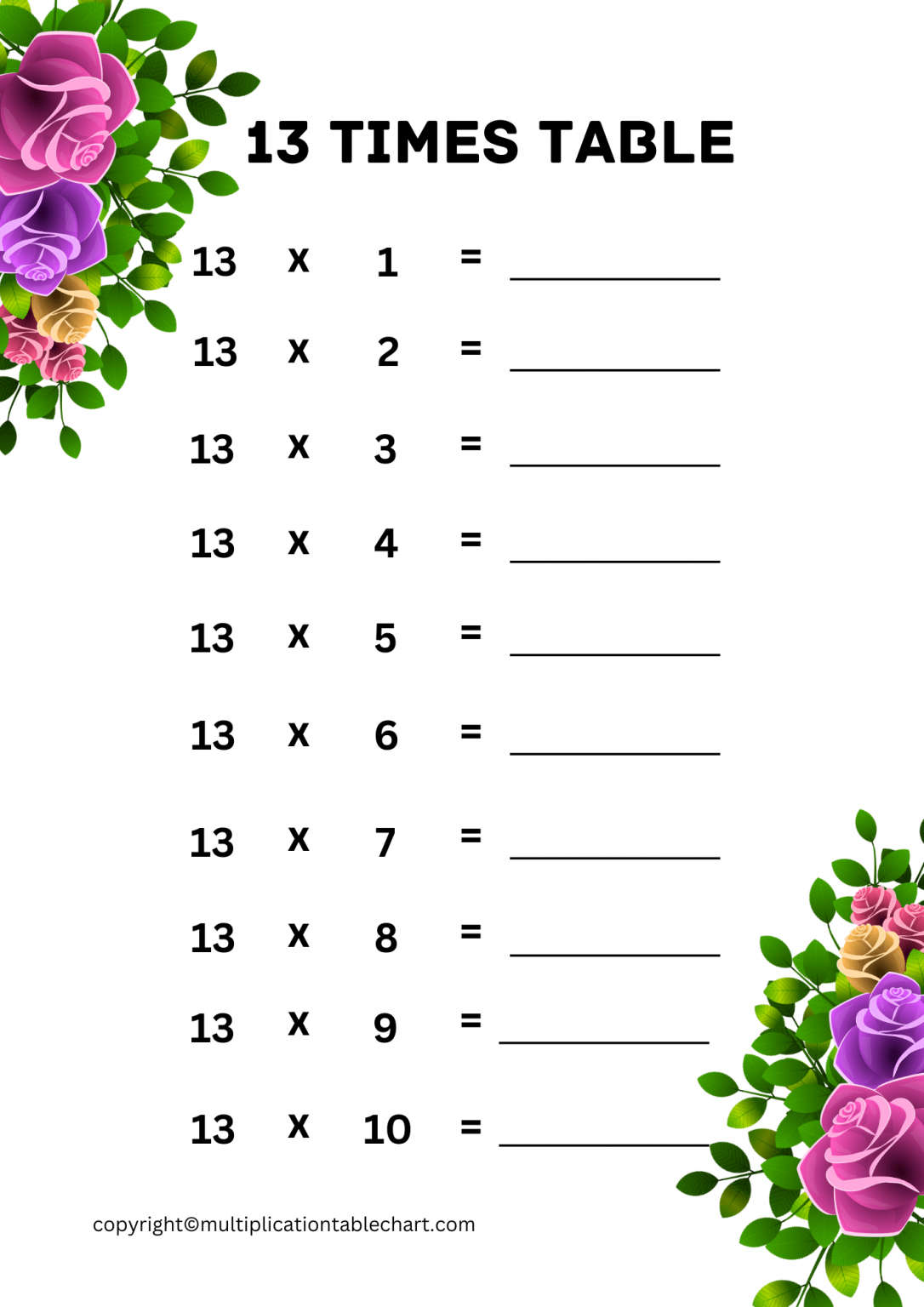 13 Times Table Worksheet [13 Multiplication Table] Free PDF