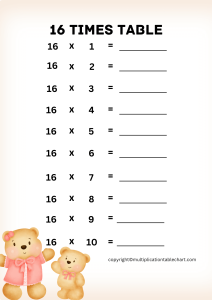 16 Times Table Worksheet [16 Multiplication Table] Free PDF