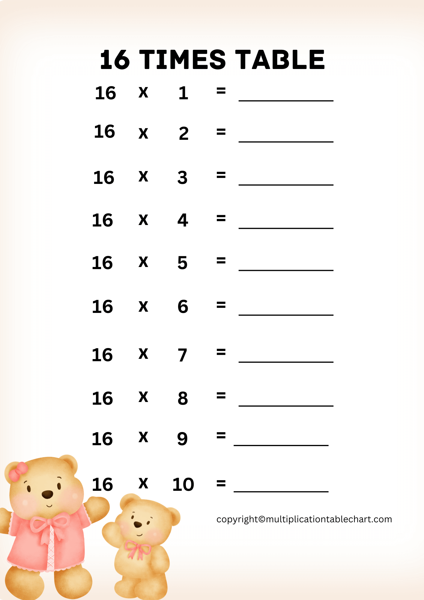 16 Times Table Worksheet [16 Multiplication Table] Free PDF