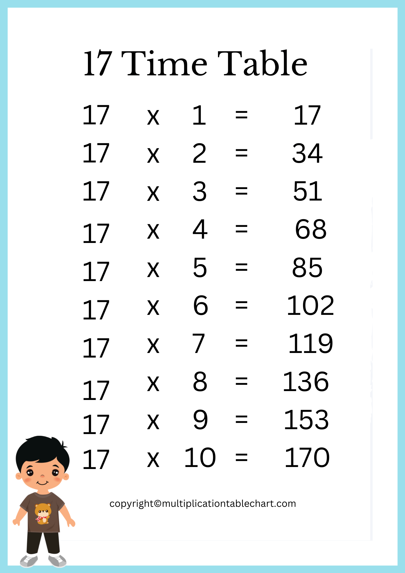 17 Times Table [17 Multiplication Table] Printable Chart