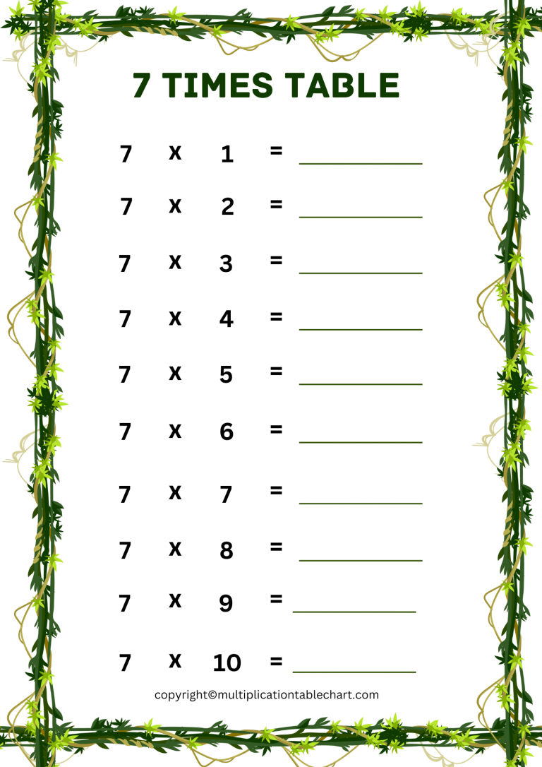 7 Times Table Worksheet [7 Multiplication Table] Free PDF