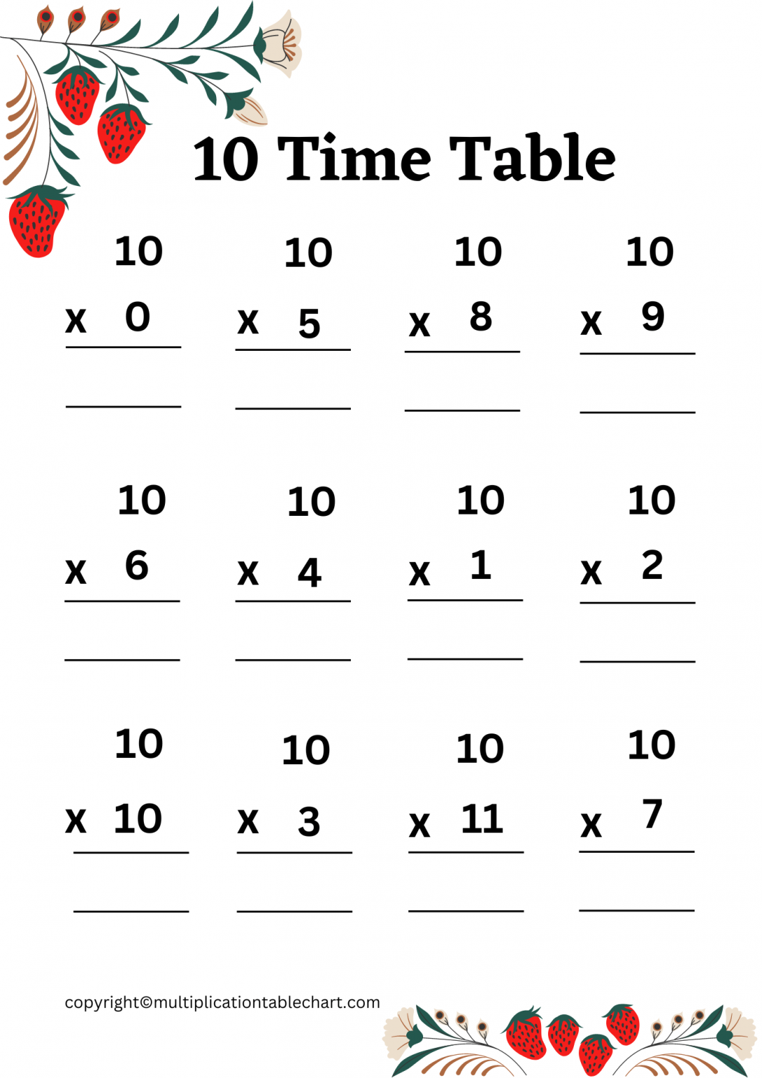 10 Times Table Worksheet [10 Multiplication Table] Free PDF