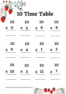 10 Times Table Worksheet [10 Multiplication Table] Free PDF