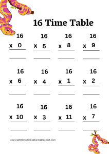 16 Times Table Worksheet [16 Multiplication Table] Free PDF