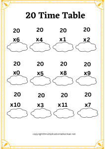 20 Times Table Worksheet [20 Multiplication Table] Free PDF