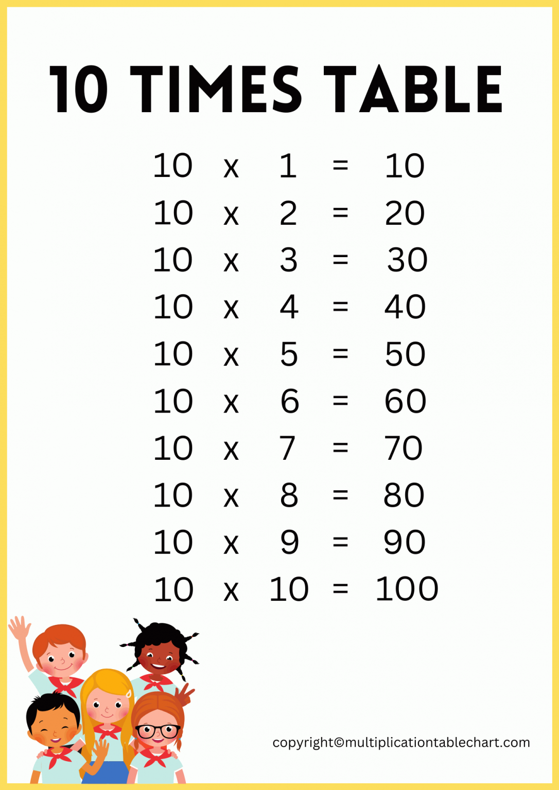 10 Times Table [10 Multiplication Table] Printable Chart
