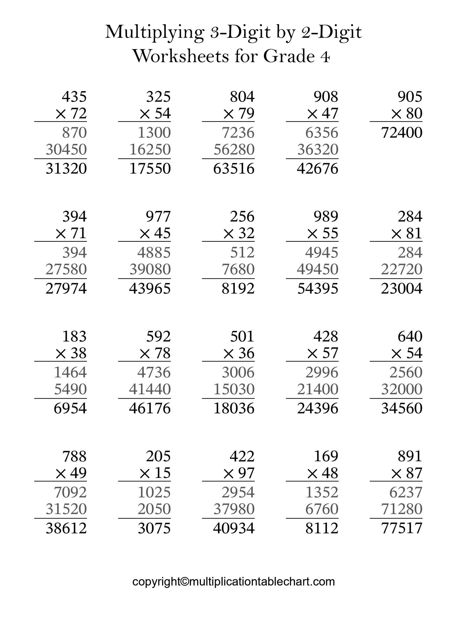 Multiply 3 Digit Number By 2 Digit Number Worksheet Grade 4
