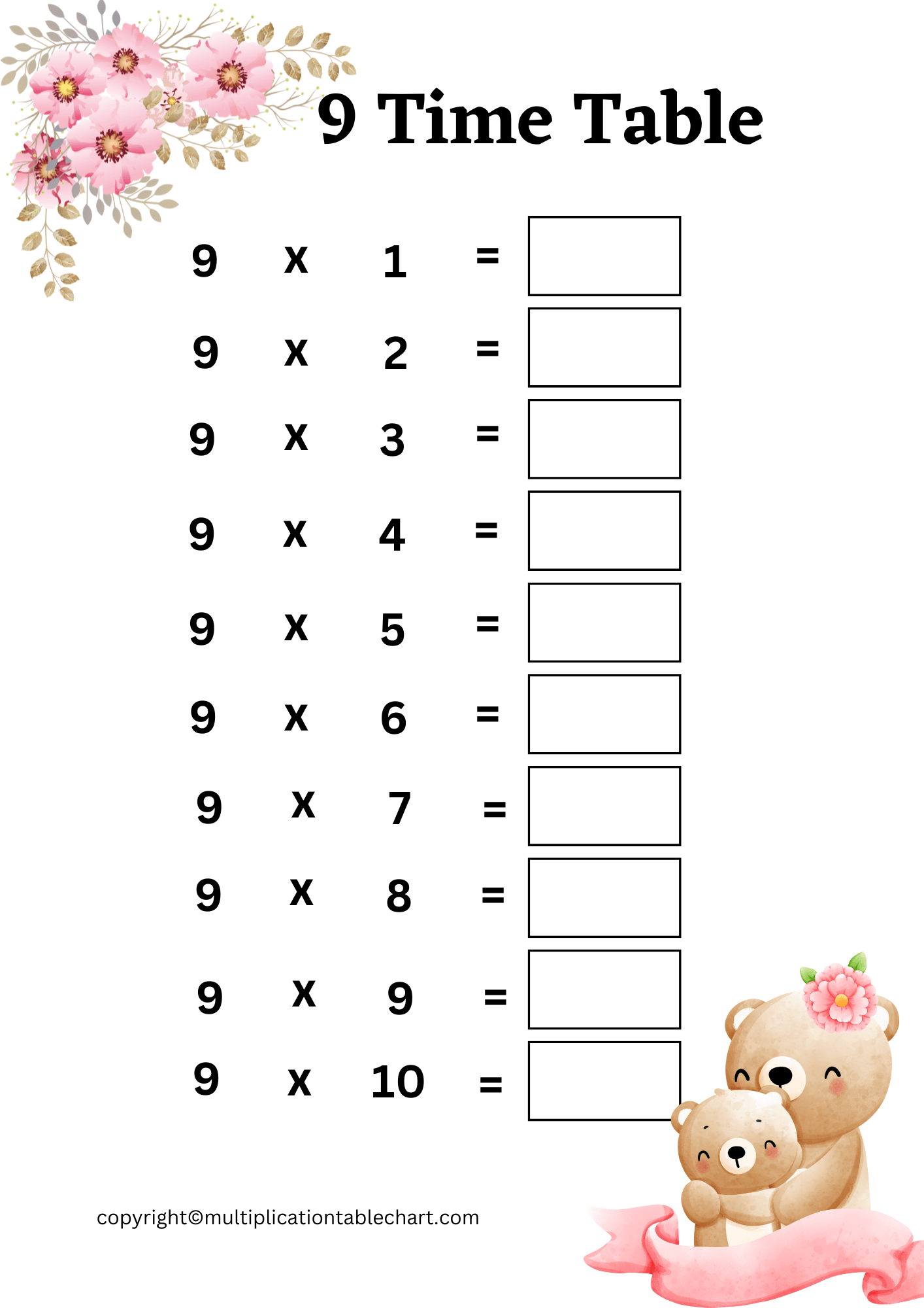 Free Printable 9 Multiplication Table Chart Printable Art And Words