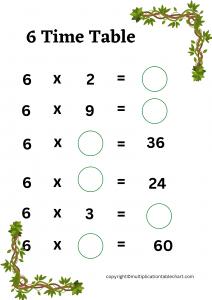 6 Times Table Worksheet [6 Multiplication Table] Free PDF