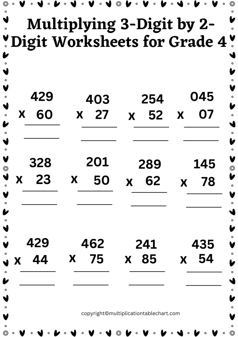Multiply 3 Digit Number By 2 Digit Number Worksheet Grade 4