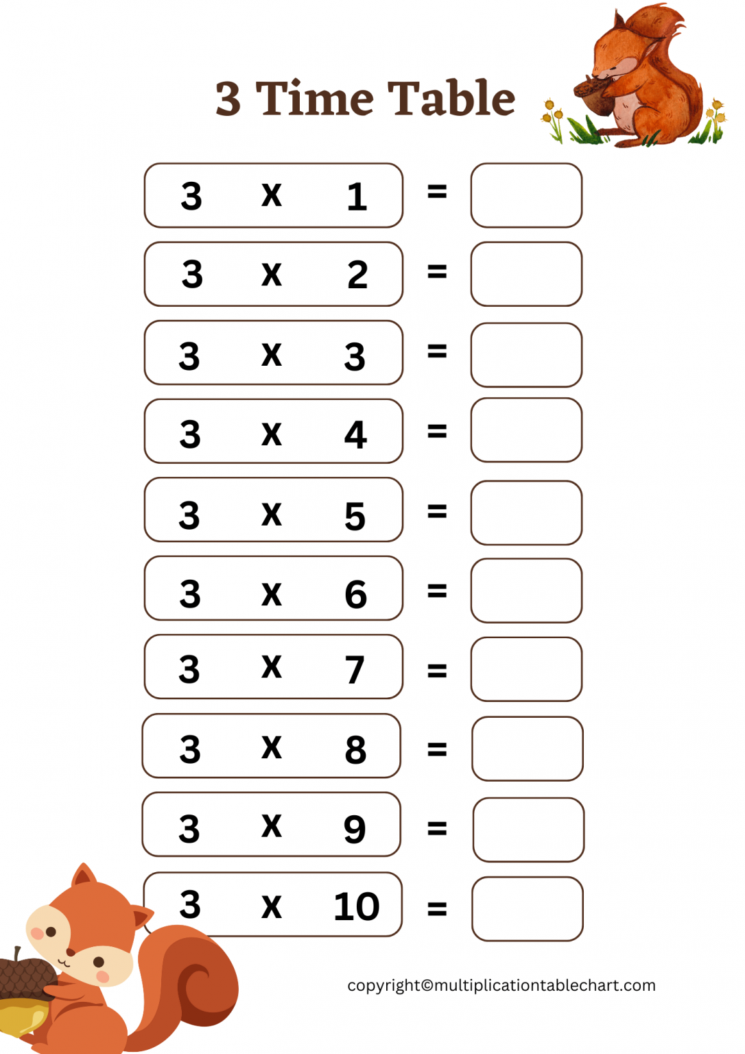 3 Times Table Worksheet [3 Multiplication Table] Free PDF