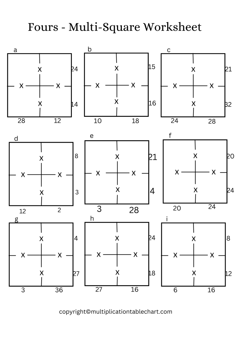 Fours - Multi-Square Worksheet Printable in PDF